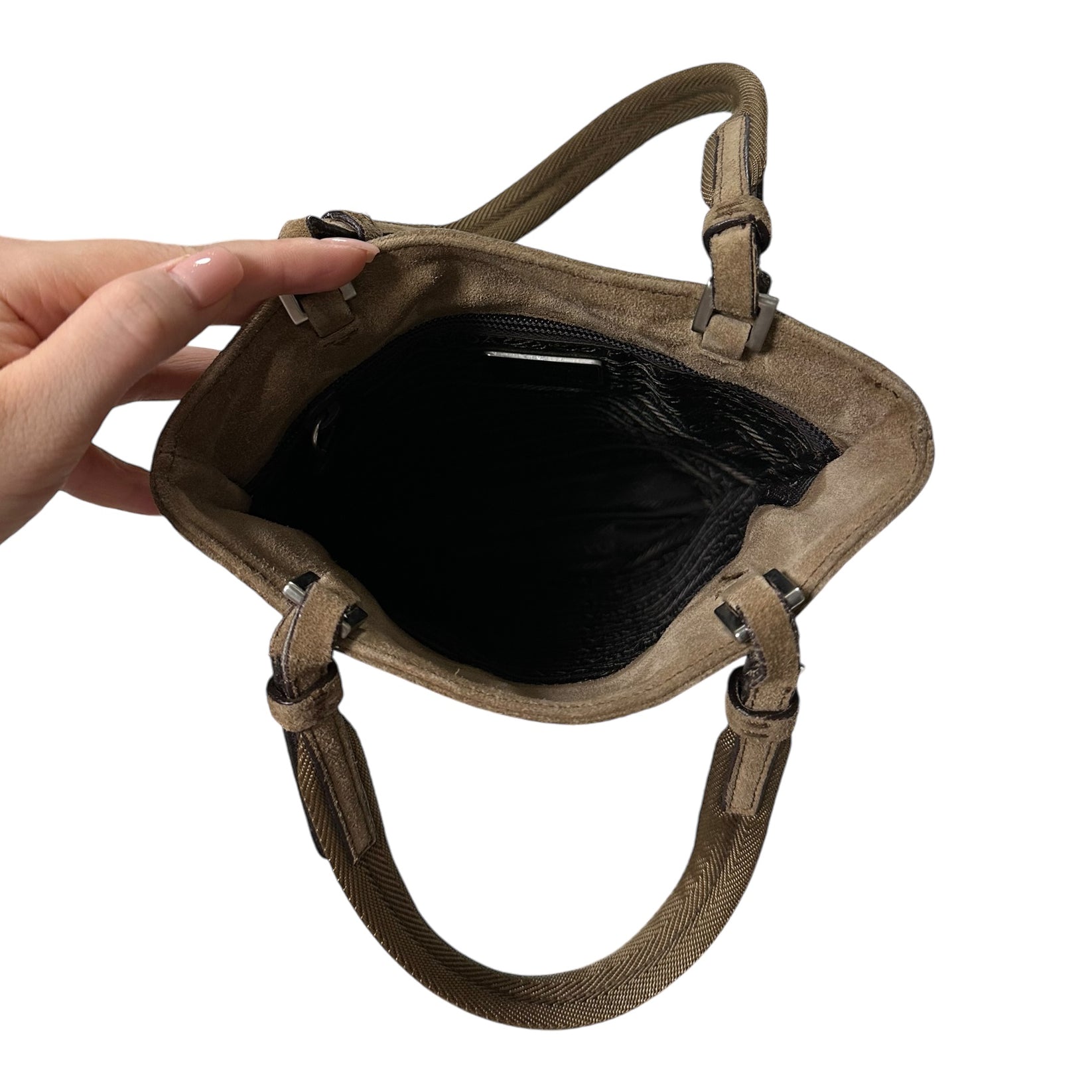PRADA Fall Winter 1999 Appliqué Leaves Suede and Mesh Hand Bag – 24/7 ...